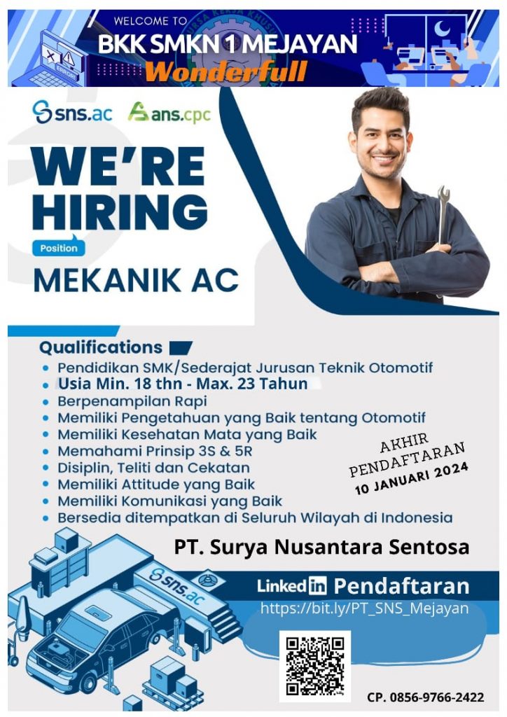 Loker SMK Otomotif Januari 2024 Mekanik AC – PT Surya Nusantara Sentosa ...